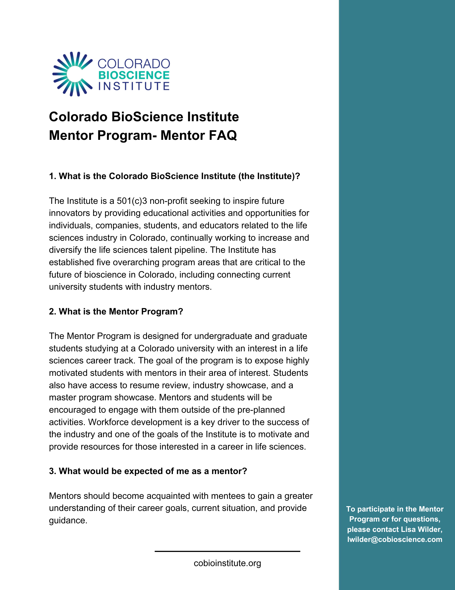 : Mentor Program FAQ - Colorado BioScience Institute